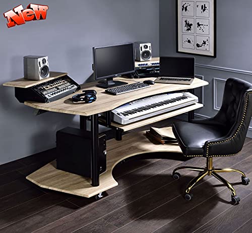 LEEKOUS STERXONE Best Music Recording Studio Desk with Piano Keyboard Tray, Recording Studio Workstation Table with 2 Stands, Bottom Shelf and Wheels, Wooden Home Office Computer Desks (Natural Oak)