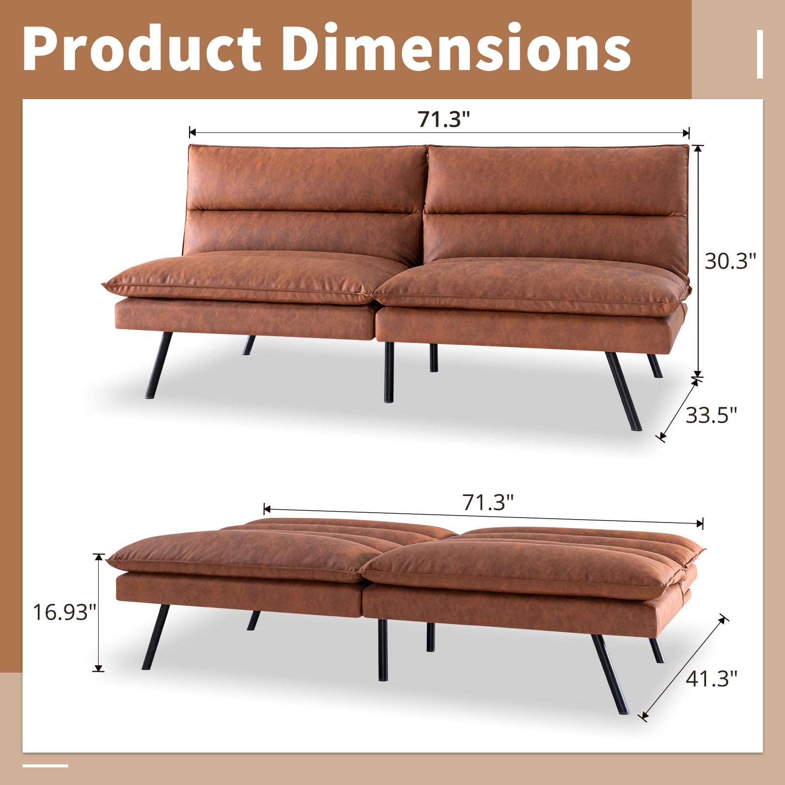 IULULU Futon Sofa Bed Leather Couch with Memory Foam, Modern Convertible Armless Sleeper Daybed for Studio, Apartment, Office, Small Space, Compact Living Room, Caramel