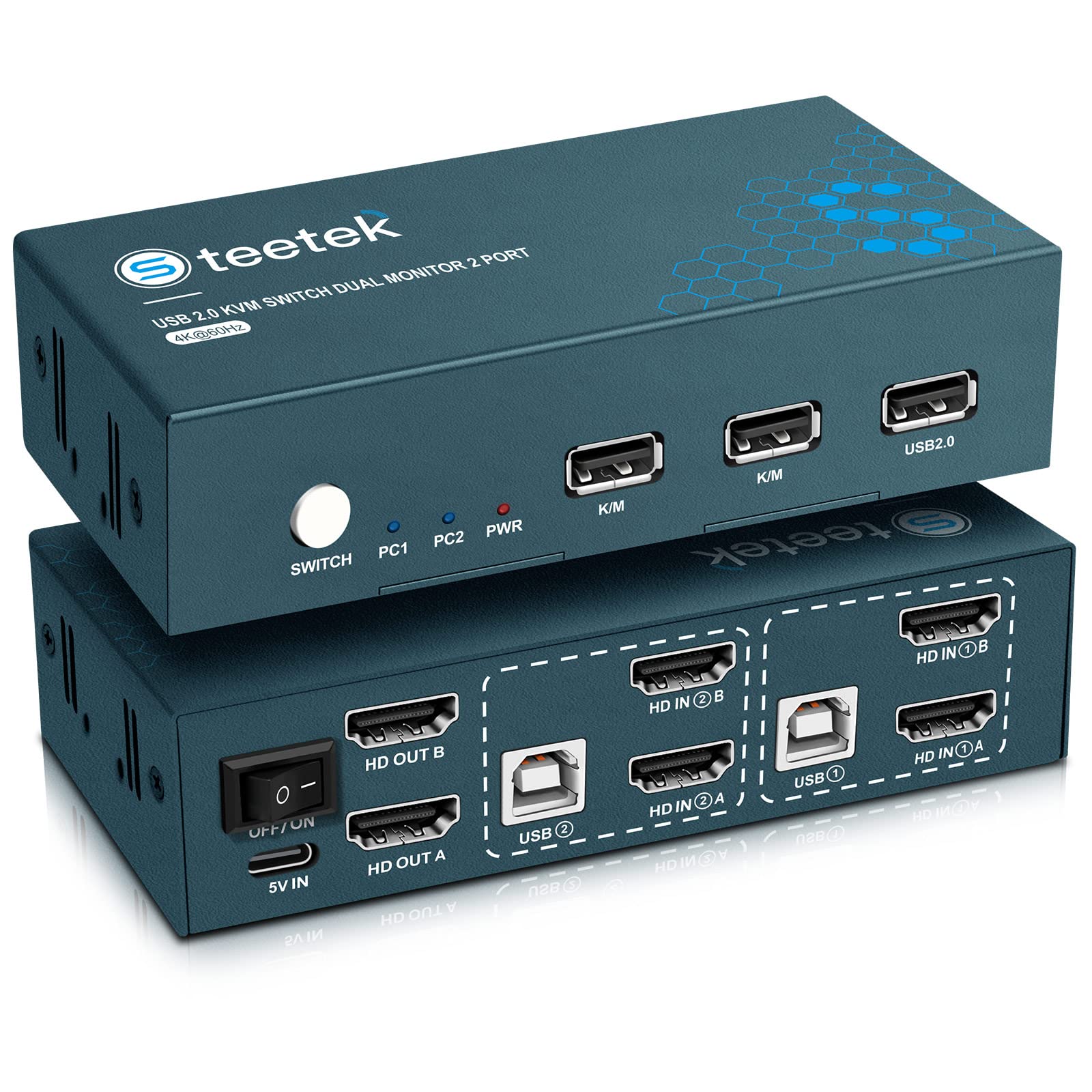 Steetek HDMI Dual Monitor KVM Switch 4K@60Hz, HDMI 2.0 2 Monitors 2 Computer KVM Switch, with USB 2.0 & USB 1.1 Ports, HDCP 2.2, Button Switch & Hotkey Switch