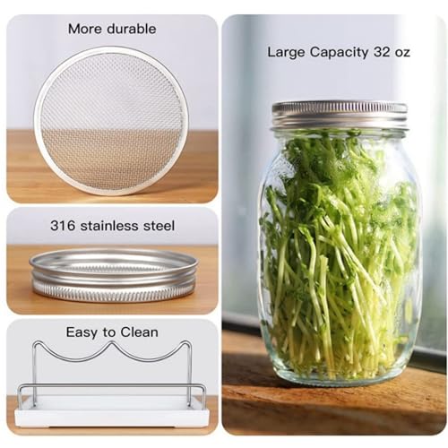 Mueuton Sprouting Jar Kit-2 Wide Mouth Quart Mason Jars(32oz with Stainless Steel Screen Sprout Lids, Tray, Stand and Canning Brush Seed Sprouter Set…