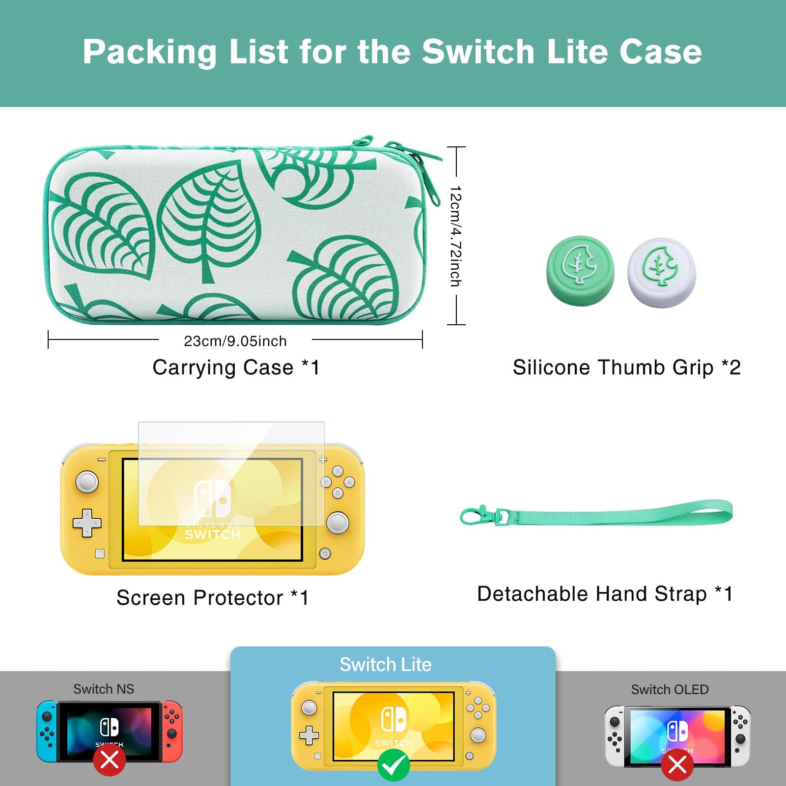 JINGDU Carrying Case Compatible with Nintendo Switch Lite, Hard Portable Protective Case, Storage Bag Accessories Include Screen Protector & Thumb Grips & Wrist Strap, Animal Crossing Leaf