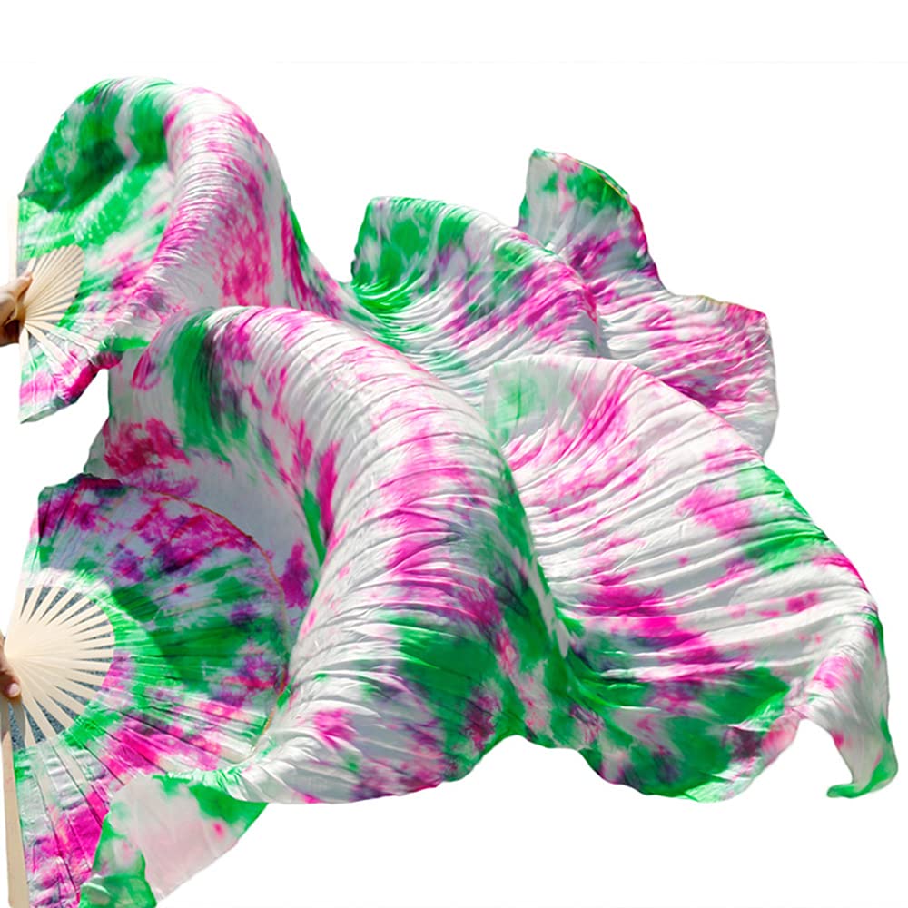 Leemiman Women 1 Pair(Left+Right) Silk Belly Dance Fan Veils, Silk Fans for Dancing, Tie Dyed Silk Fan Long Folding Fans,Length 180cm Width 90cm