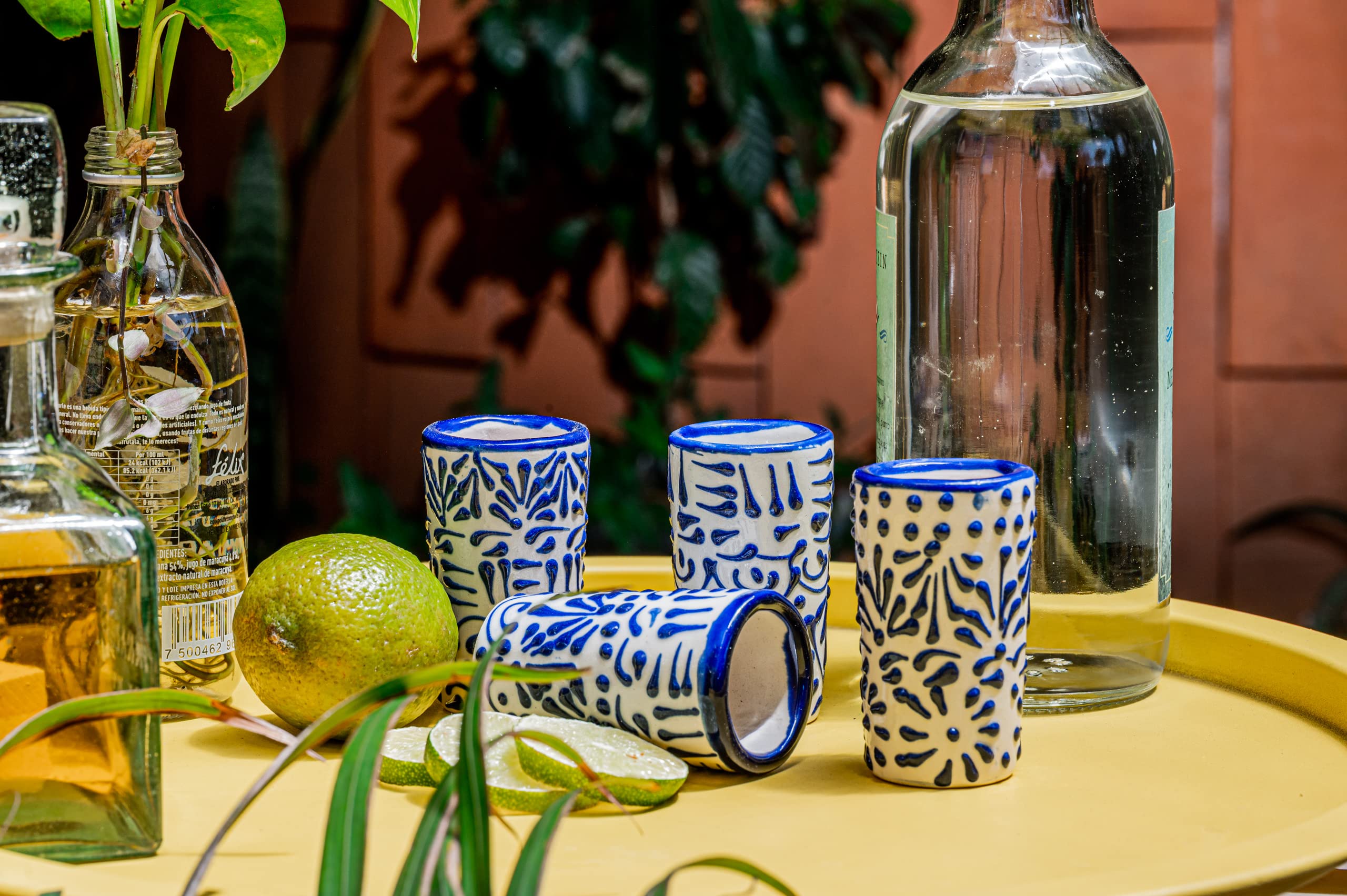 MEXTEQUIL - Talavera Shot Glasses Set of 4 Authentic Mexican Tequila Shot Glasses - Hand-painted - 2 Oz (Blue Lace)