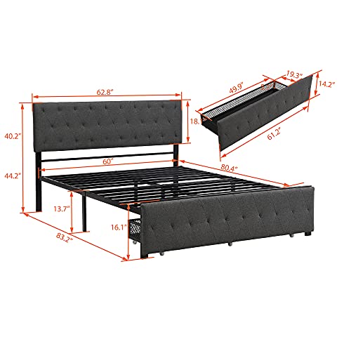 TARTOP Queen Size Upholstered Platform Bed with Storage Drawer, Metal Queen Bed Frame with Headboard,No Box Spring Required,Gray