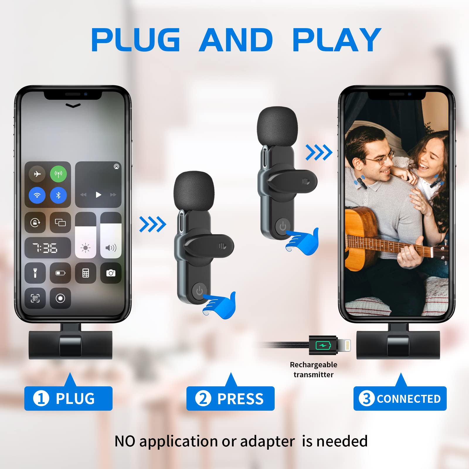 Professional Wireless Lavalier Lapel Microphone Plug & Play for iPhone iPad - 3 Levels Noise Reduction - Auto Sync Clip-on Mic for YouTube TikTok Interview Live Stream Video Recording (Black)