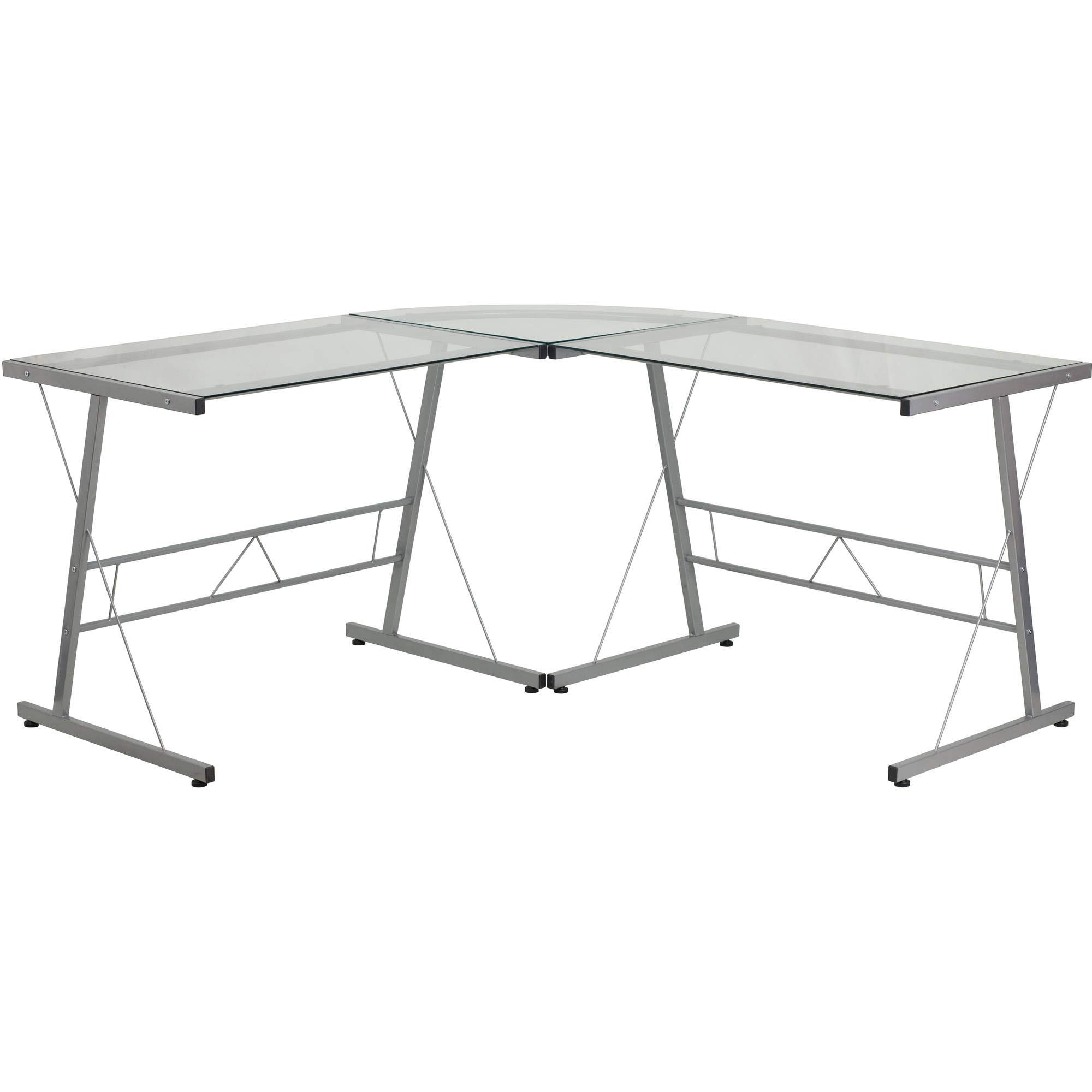 L Shape Glass Computer Desk Corner Workstation Home Office Furniture Silver Frame Laptop PC Table Study Writing Reading