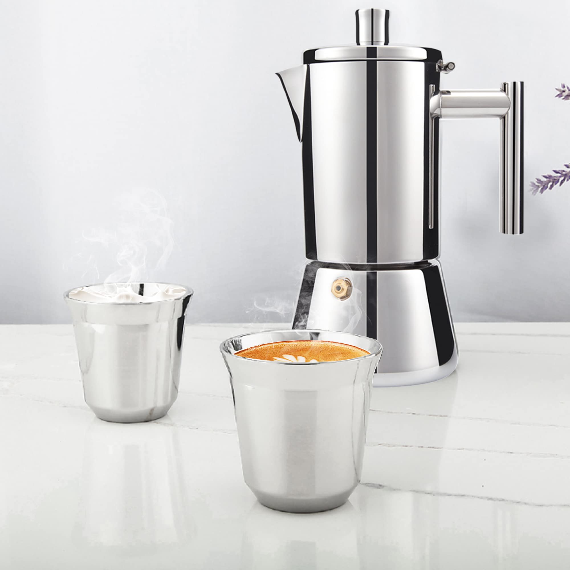 MEHIDFY Stovetop Espresso Maker, Stainless Steel Moka Pot, Stovetop Coffee Maker, Expresso Coffee Maker, Italian Coffee Maker, Moka Pot Espresso with 2pcs Espresso Cups, 6Cup/ 10oz/ 300ml