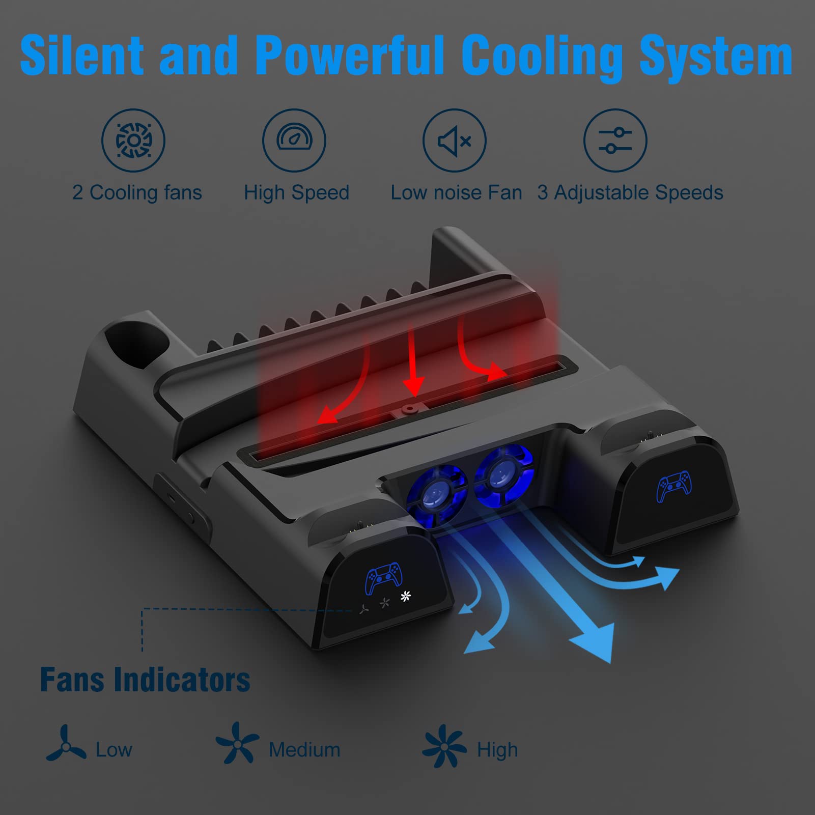 PS5 Cooling Stand with 2 Controller Charger Station and Extra Headset Holder for PS5 Disc & Digital Editions, Dual Controllers Charger, 3-Speed Adjustable Silent Fans, 11 Games Rack Organizer, Black