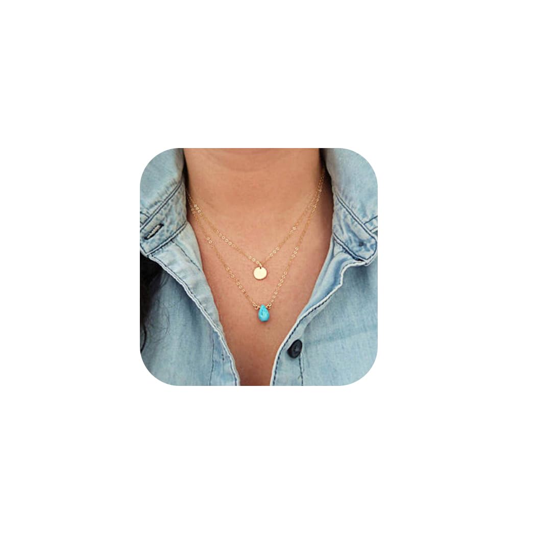Jovono Boho Turquoise Necklaces Gold Sequin Pendant Necklace Chain Layered Necklace Jewelry for Women