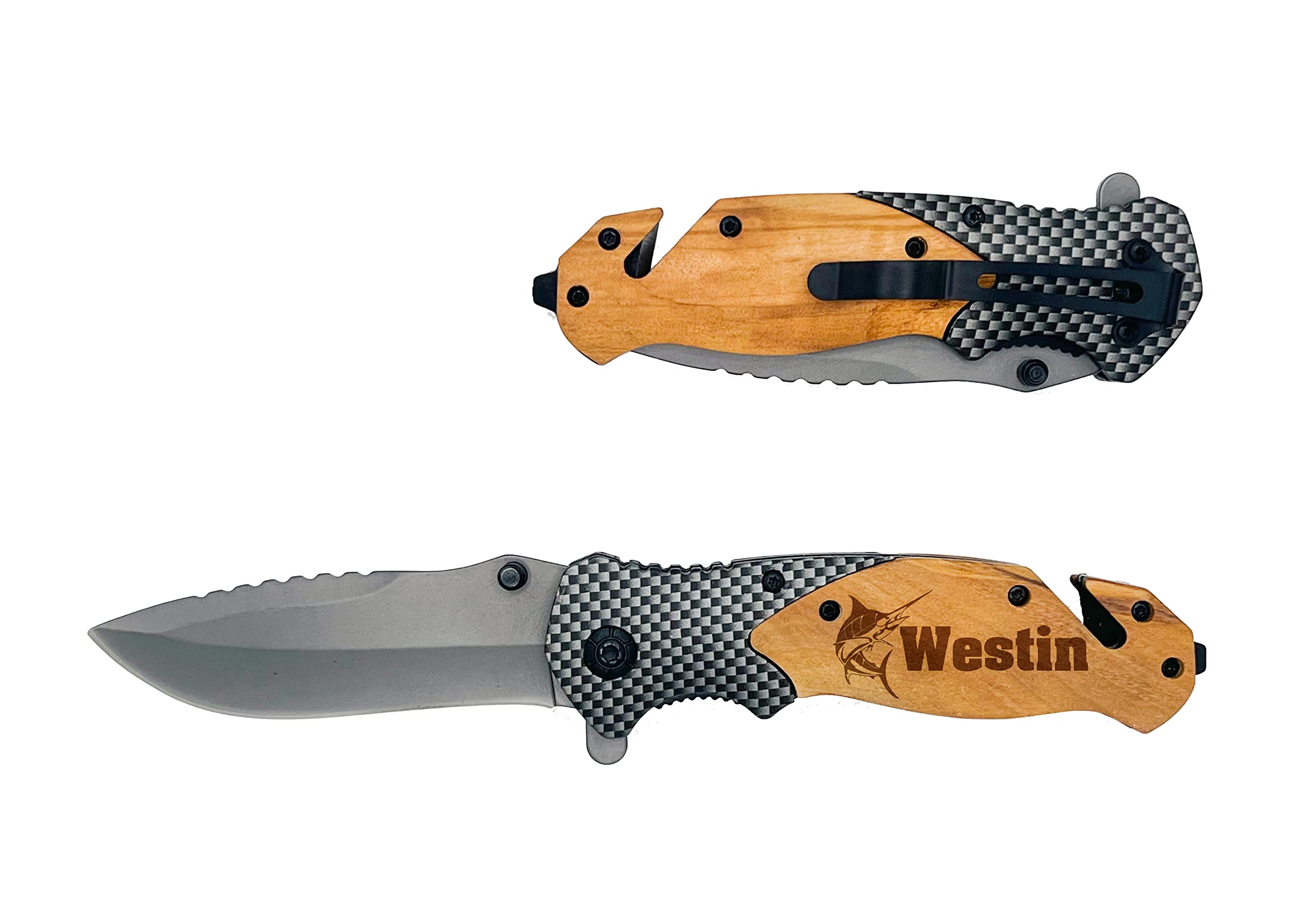 Personalized Olive Handled Laser Engraved Custom Pocket Knife Multi Tool Rope Cutter Outdoors Hunting Fishing Steel Blade Camping (Deep Sea Fishing Marlin Sailfish)