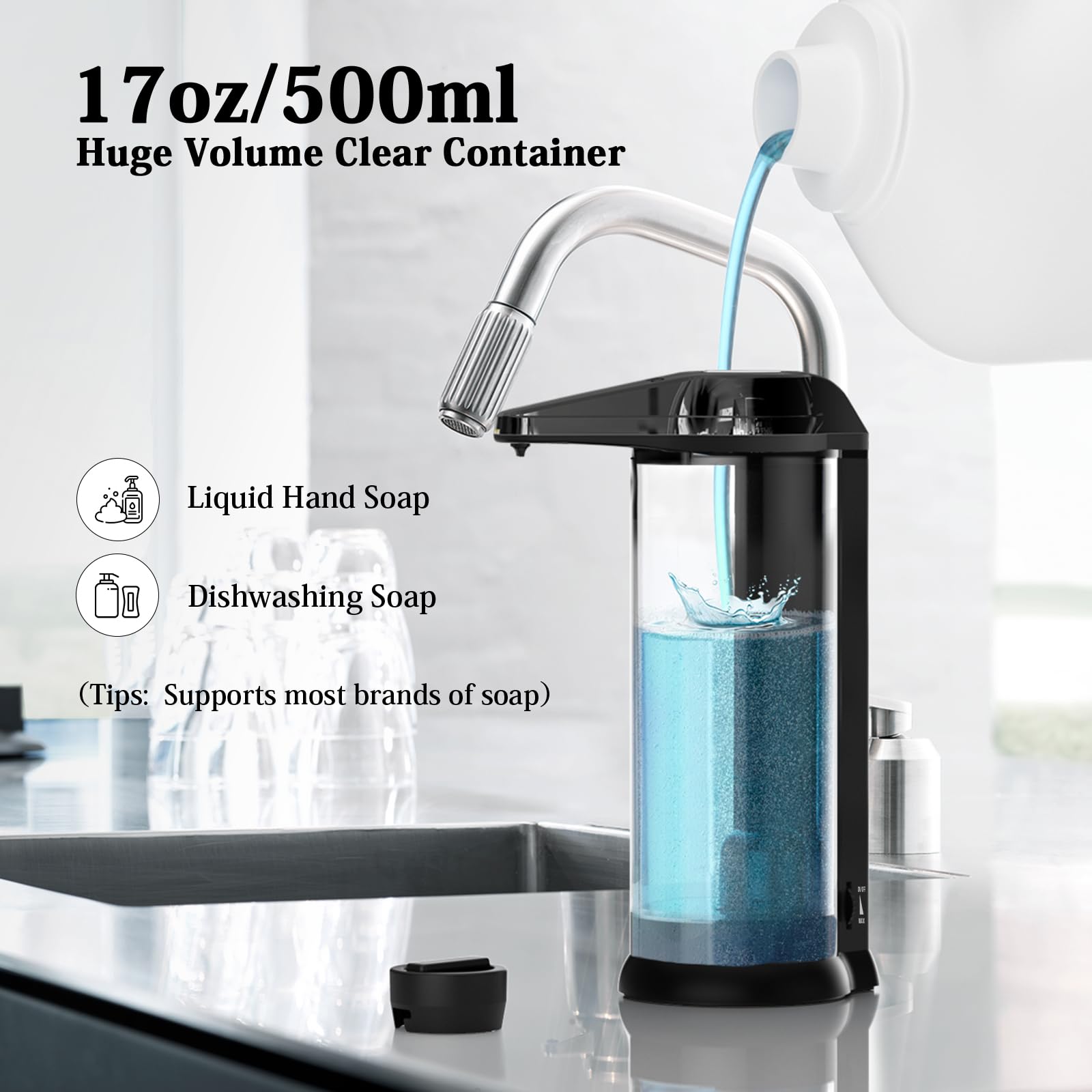 KESTERRA Automatic Soap Dispenser, 17oz/500ml Touchless Battery Operated Liquid Soap Dispenser with 7levels Adjustable Soap Volume, Perfect for Commercial or Household Use, Black