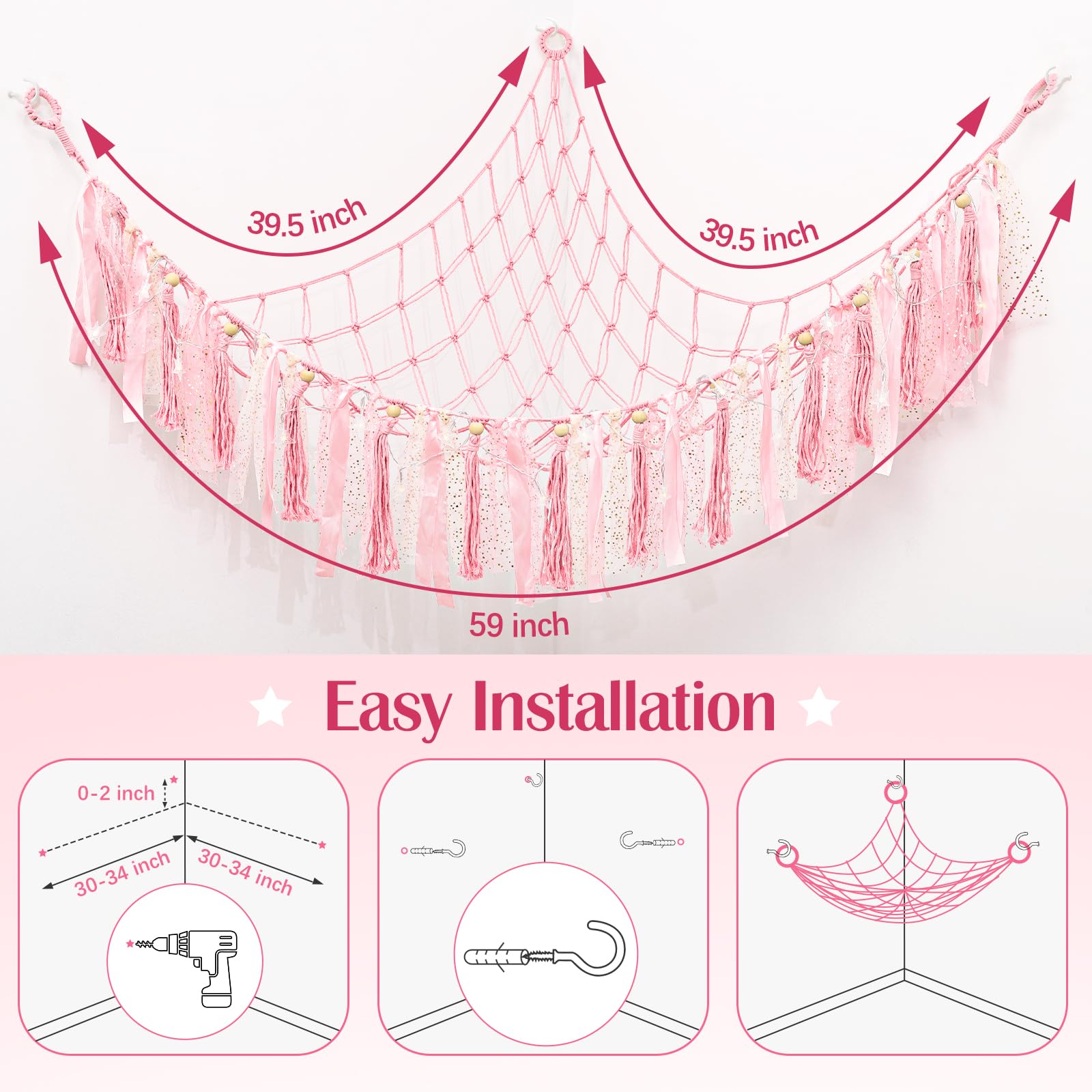 Lewondr Stuffed Animal Hammock, Dense Stuffed Animal Net or Hammock with Transitional Fringes, DIY Ribbons Great Decor Stuffed Animal Storage, 138'' Star Light String, 39'' x 39'' x 59, Pink