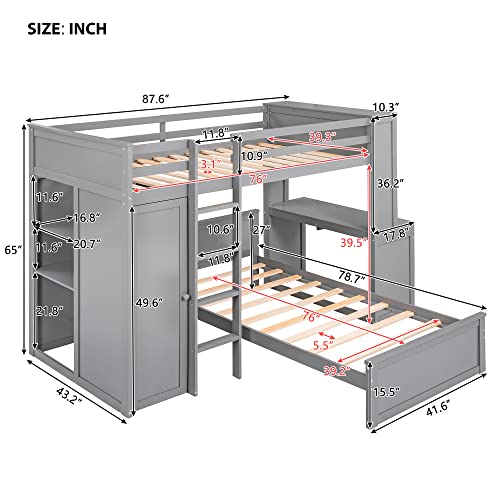 Twin Size Loft Bed with Desk and Wardrobe, Wood Loft Bed Frame with Storage Shelves and A Stand-alone Bed, Twin Over Twin Bunk Bed Frame for Kids Teens Adults (Bottom Bed Can Be Moved, Gray)