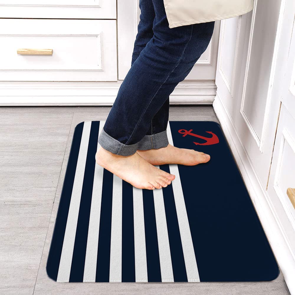 Nautical Anchor Indoor Door Mat, Absorbent Floor Mats Bathroom Rugs, Summer Ocean Coastal Blue White Striped Kitchen Runner Rugs, Non Slip Doormat for Bedroom/Sink/Laundry, 16"x24"