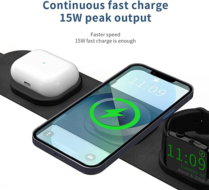 Kocybt 3 in 1 Magnetic Wireless Charger,Foldable Wireless Charger Pad Compatible for 13/13 Pro/13 Pro Max/13 Mini, 12/12 Pro/12 Pro Max/12 Mini, iWatch,AirPods 3/2/Pro,(Adapter Not Included) (Black)