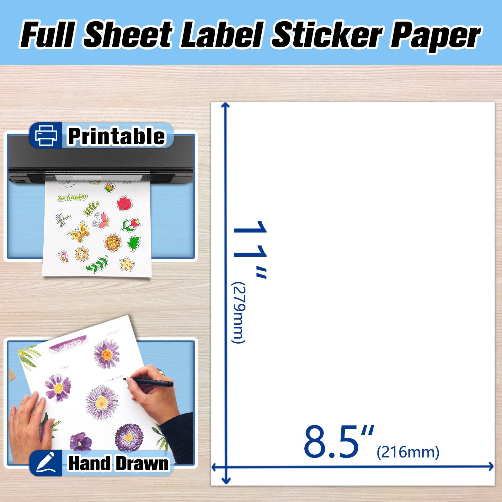 Koala 100 Sheets Sticker Paper Matte White, 8.5x11 Inch Printable Full Sheet Label Paper for Inkjet Printers