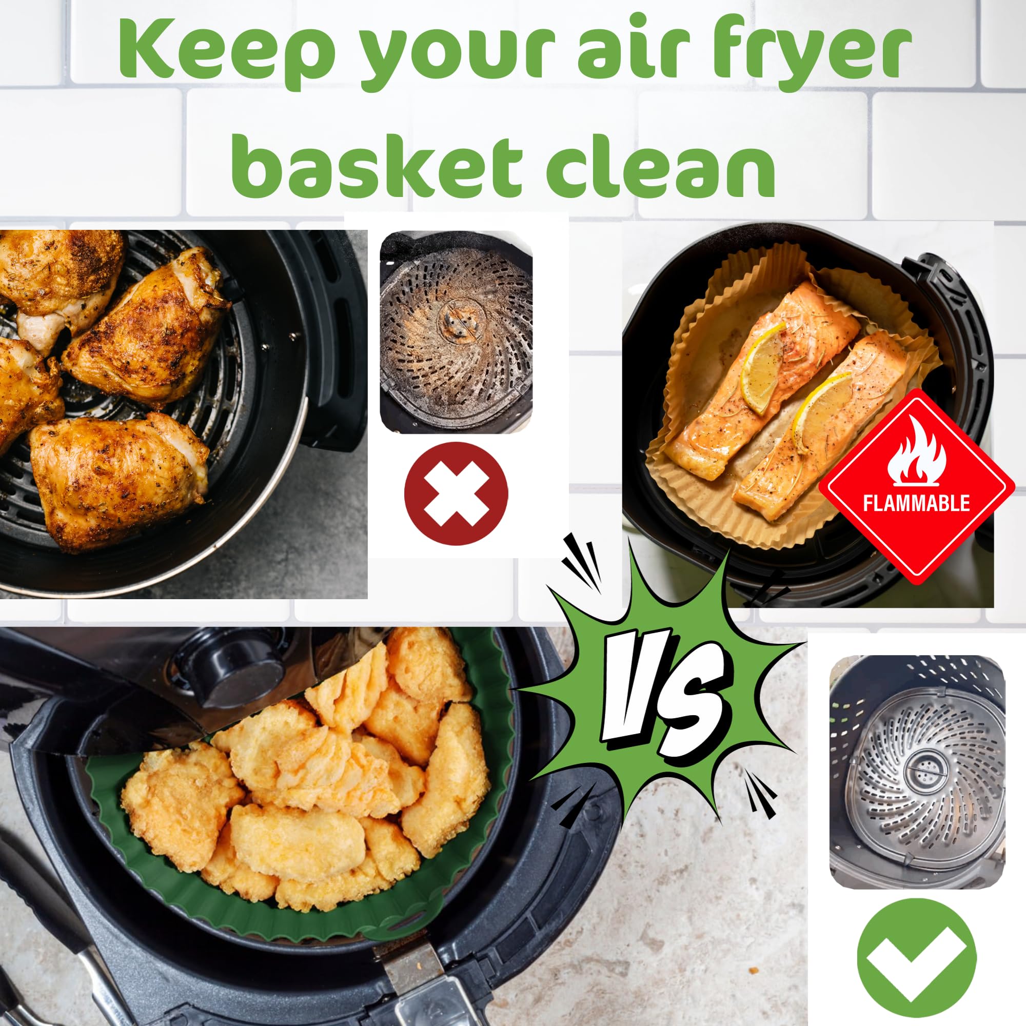 MG ONE 2-Pack Reusable Silicone Air Fryer Liners - Silicone Air Fryer Accessories - Silicone Air Fryer Basket, 8.5 inch Green+Beige Liners For 5 Qt or Bigger Air Fryer