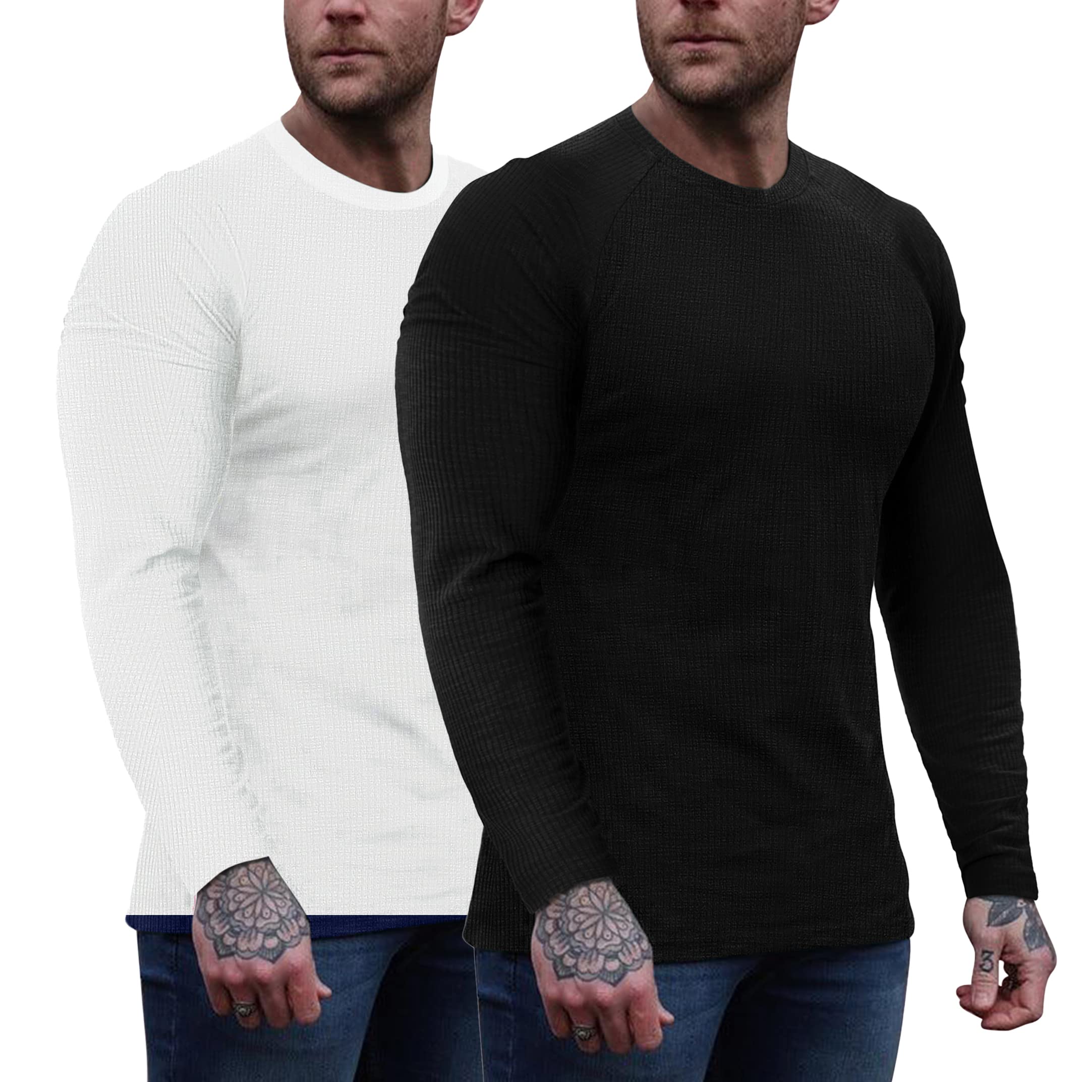 Muscle T Shirts for Men 2 Pack Stretch Long Sleeve Slim Fit Casual Gym Workout Athletic Knit Tee Shirts Black & White XL