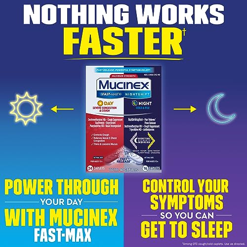 Mucinex Maximum Strength Fast-Max Day Severe Congestion & Cough & Nightshift Night Cold & Flu, Fast Release, Powerful Multi-Symptom Relief, 40 caplets (24 Day time + 16 Night time)
