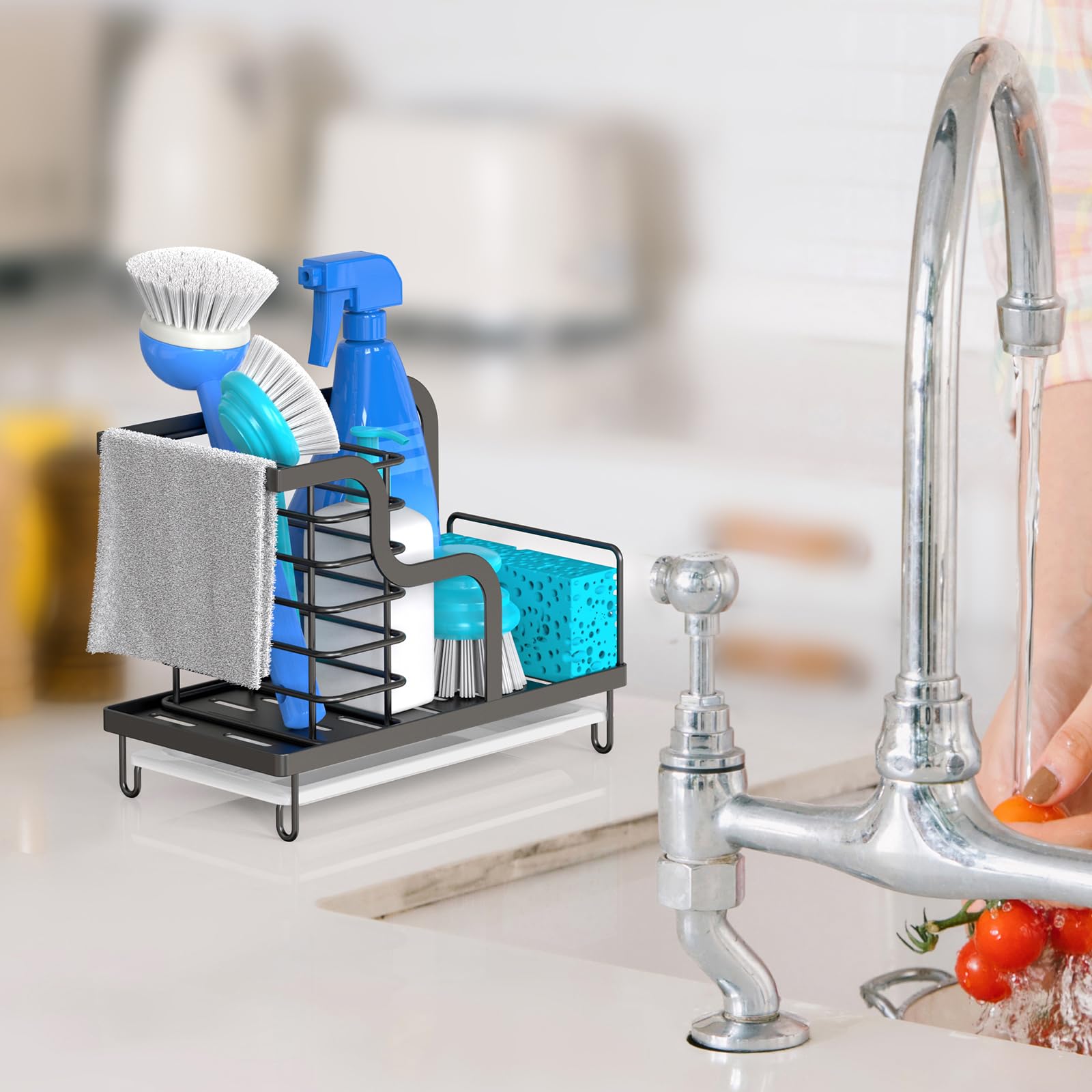 LYFine Kitchen Sink Caddy Organizer Sponge Holder Countertop Brush Soap Organizer Quick Draining with Drain Pan Stainless Steel Black