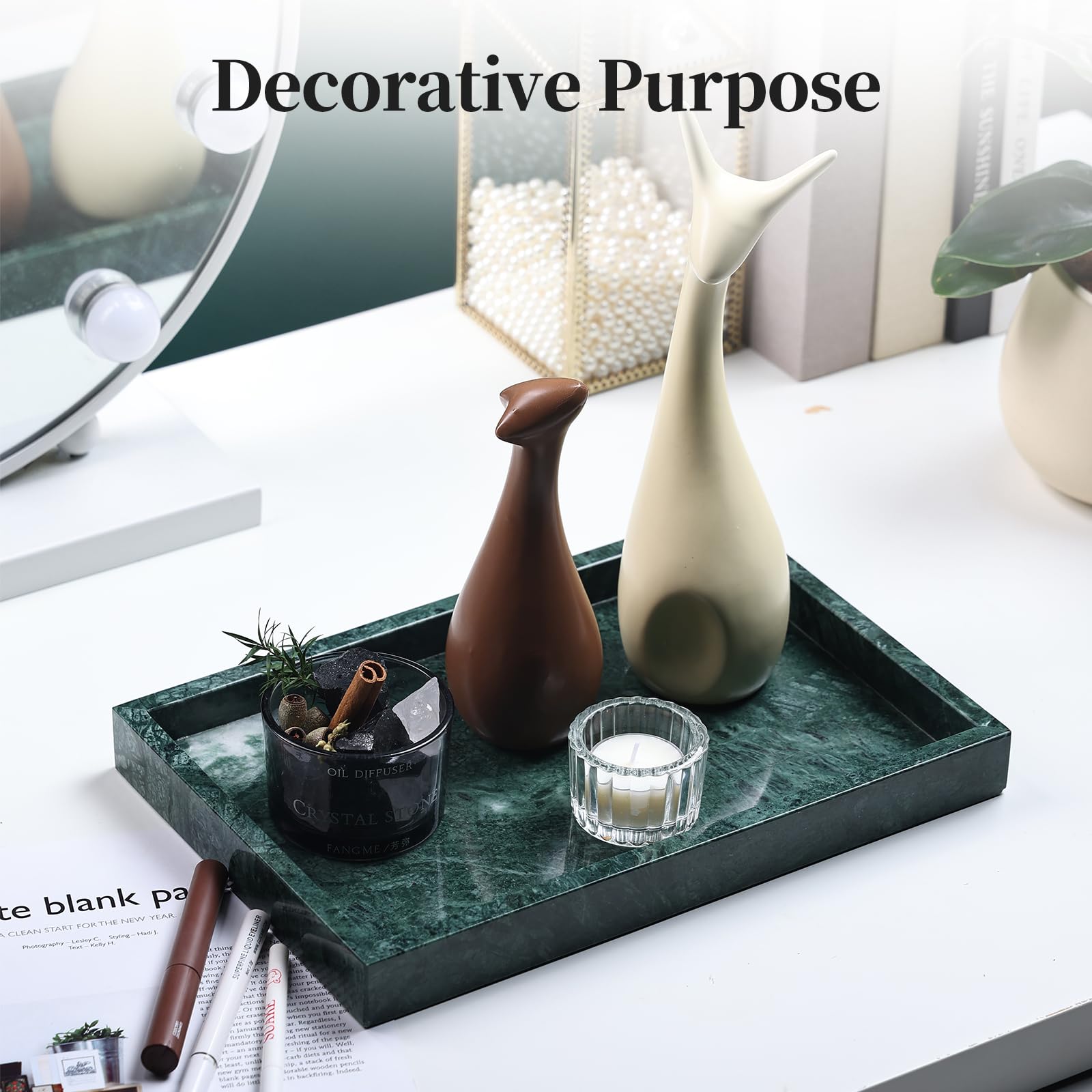 YMXYJM 100% Natural Marble Tray for Bathroom, Genuine Marble Stone Vanity Tray, Luxury Storage Trays for Kitchen, Vanity, Home Decor, Dresser, Non-Resin/Non-Ceramic, 12"x 8"x 1.2", Dark Green