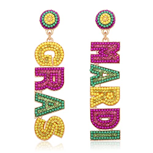 Mardi Gras Earrings for Women, Beaded Dangle Earrings Statement Carnival Earrings, Mardi Gras Accessory for Party Favors, Fat Tuesday Celebrations, Mardi Gras Parades Jewelry Gifts (Letter Mardi Gras)