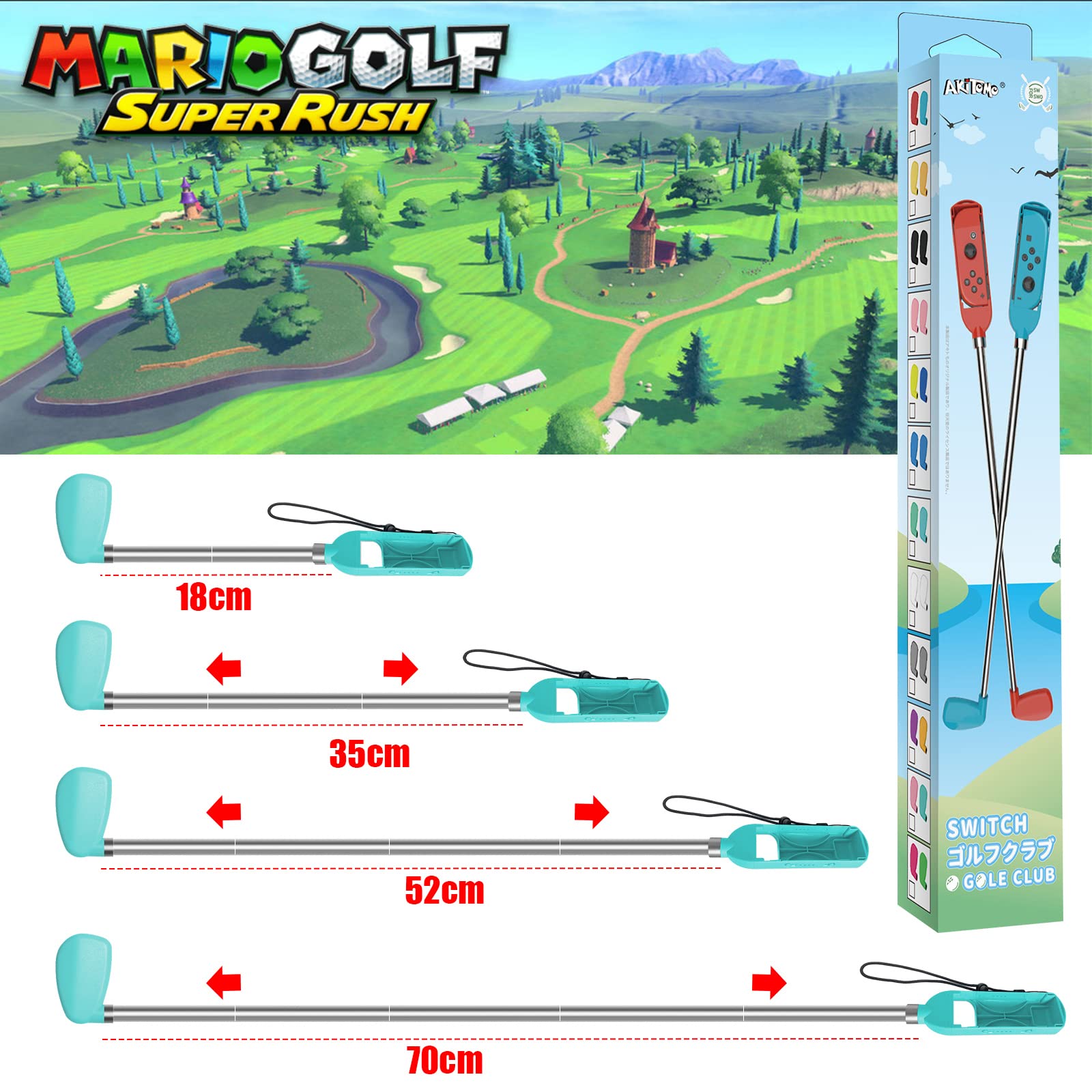 Mario Golf Clubs for Switch/Switch OLED, Adjustable Golf Club for Switch Pressed ZL&ZR with Hand Strip for Controller, Golf Club for Switch Sprots Mario Golf Super Rush 2021 - Red & Blue