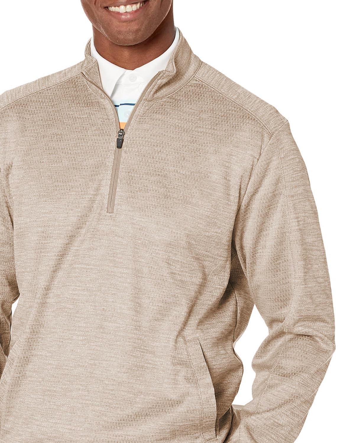 PGA TOUR Men's Textured Fleece 1/4 Zip Jacket Base Layer, Khaki HTR, Medium