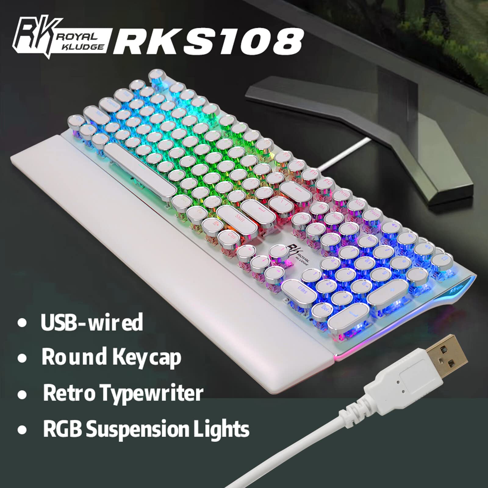 RK ROYAL KLUDGE S108 Typewriter Style Retro Mechanical Gaming Keyboard Wired with True RGB Backlit Collapsible Wrist Rest 108-Key Blue Switch Round Keycap - White