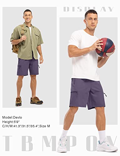 TBMPOY Men's Hiking Shorts with 5 Zip Pockets 9'' Lightweight Outdoor Work Athletic Short for Men Travel Running Purple Grey XXL