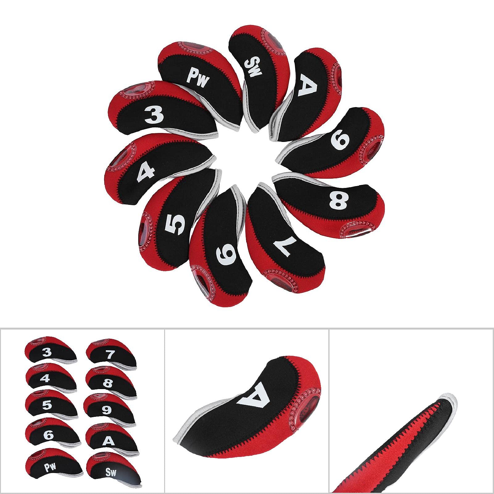 Putter Cover, Covers Iron Head Covers Driver Head Cover Clubs 10pcs Waterproof Machine Washable for Lovers(Black red + Number)