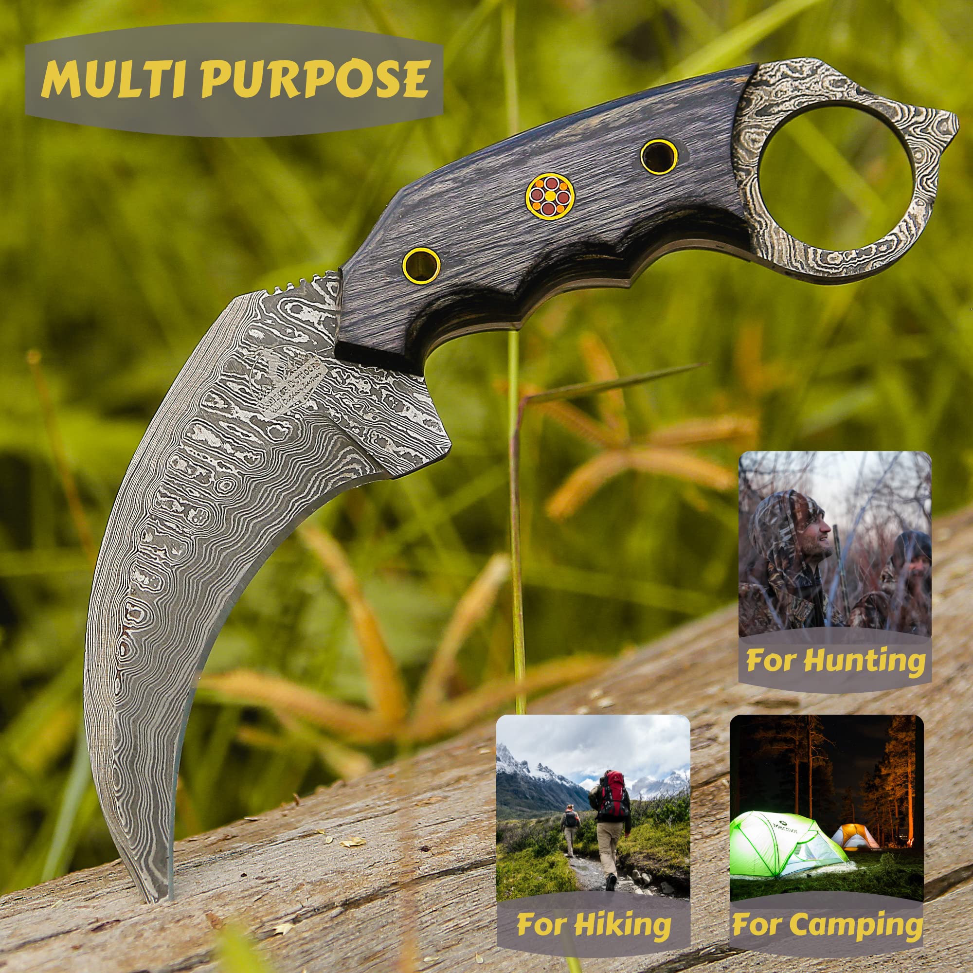 Markhor Outdoors 7.5-inch Handmade Damascus steel karambit knife with sheath Fixed blade Combat Tactical knife for Self defense, Survival, Camping, Bushcraft Ergonomic Black wood handle