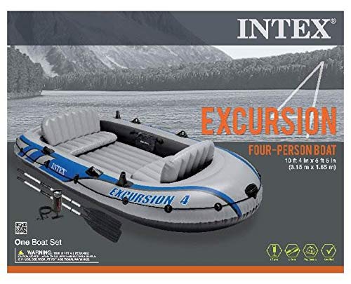 Intex Excursion 4 Inflatable 4 Person Fishing Boat Raft Set with Motor Mount Kit for Rivers and Lakes (Motor Not Included)