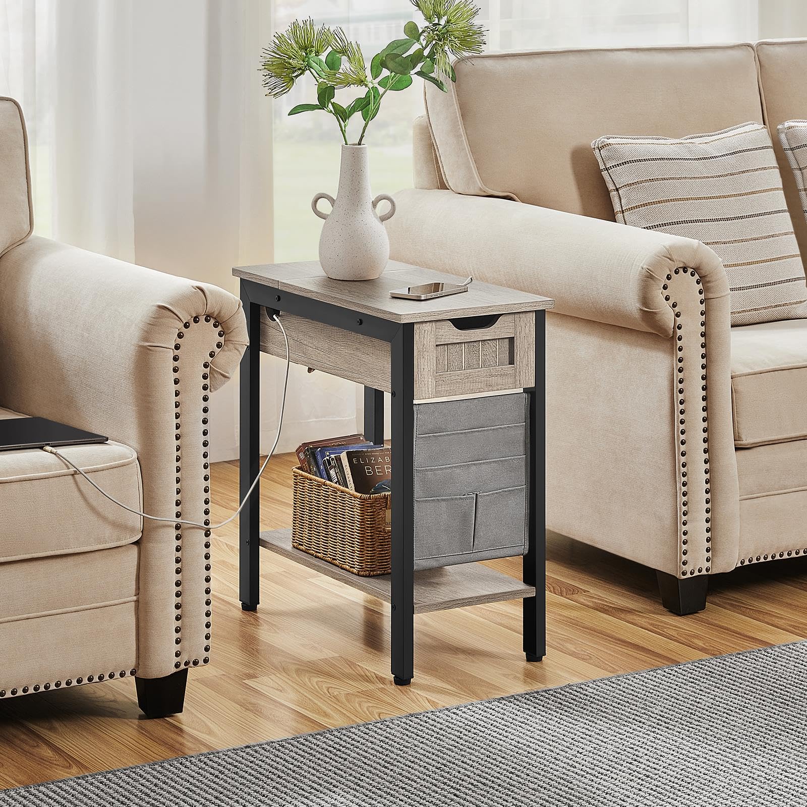 Yaheetech Narrow End Table with Charging Station, Flip Top Side Table with Drawer & Shelf & Removable Fabric Bag, Wood Nightstand Bedside Table with USB for Living Room/Bedroom/Small Space, Gray