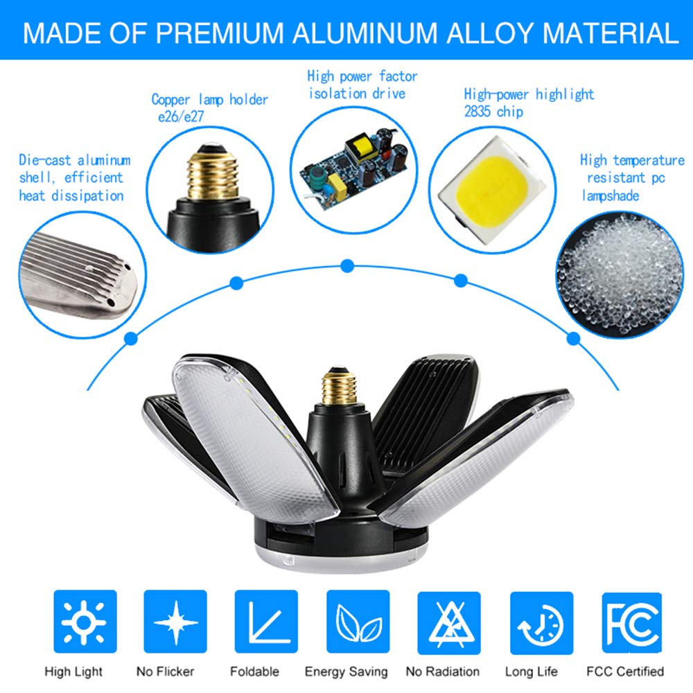 LED Garage Light, 6000K Daylight Working Lights, 5 Panels Deformable High Bay Led Shop Light, E26 Screw-in Bright Ceiling Lighting for Warehouse, Basement, 100W 14,000 LM (450W Equiv.)