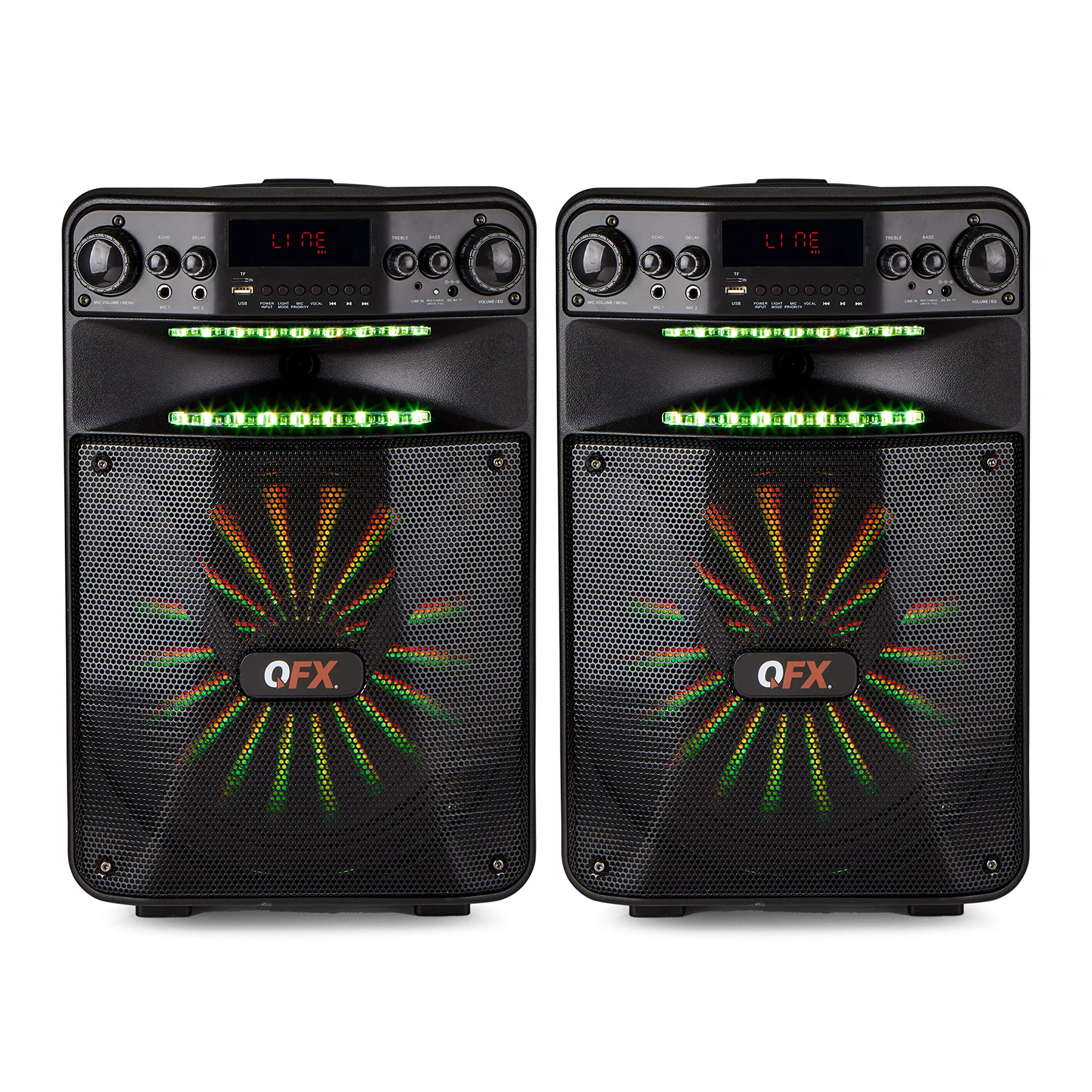 QFX PBX-1210 12 Inch Bluetooth Rechargeable Party Karaoke Speaker System with LED Lights, Microphone, Smart App Control, and Carrying Handle (2 Pack) 2 x PBX-1210