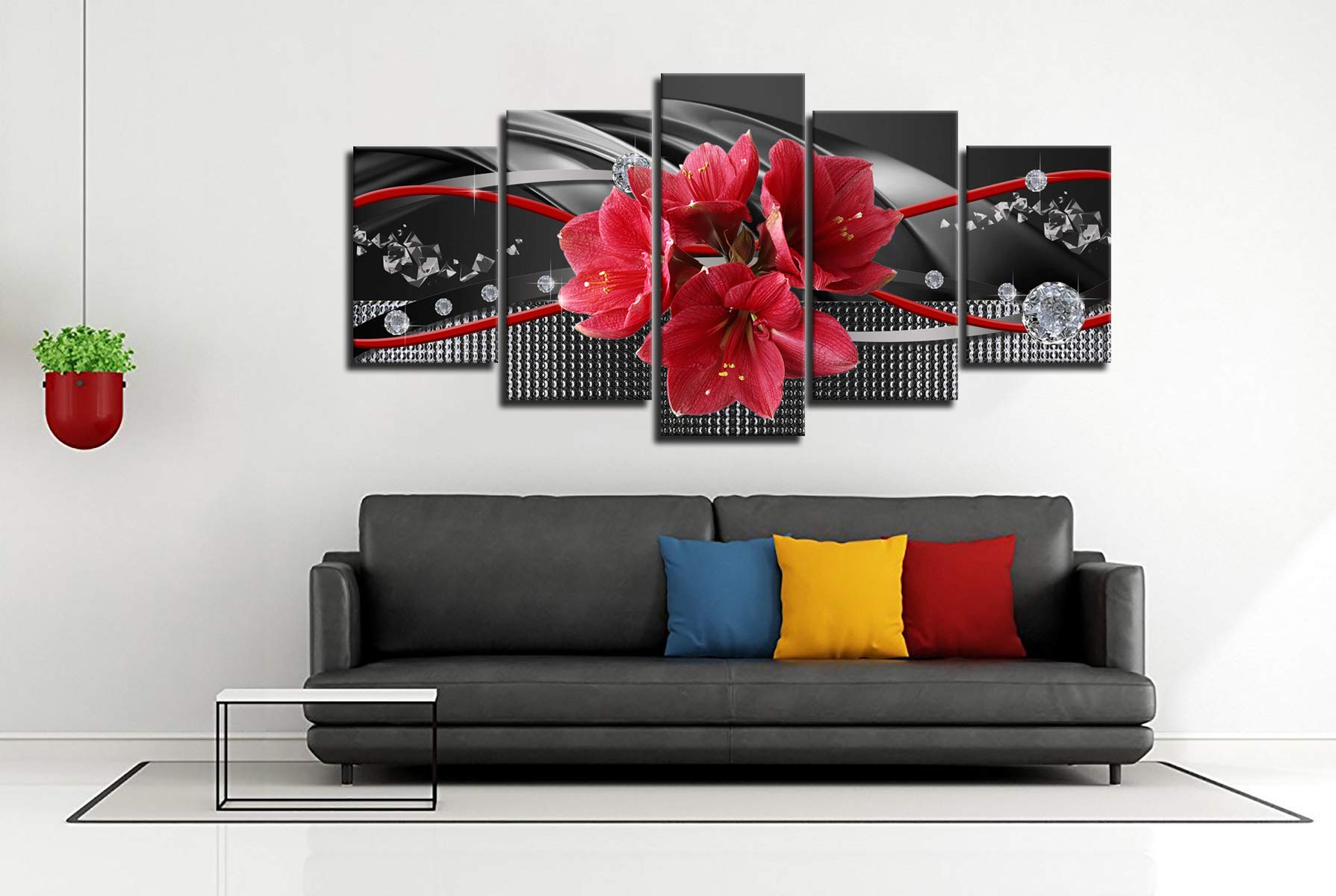 Large Red Flower Canvas Wall Art Prints Picture Black 5pcs Painting Home Decor Bedroom Ready to Hang Framed Modern Artwork 30x60