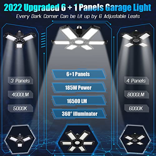 YIVANNUO LED Garage Lights 6 Pack Ultra Bright 185W 25000LM LED Shop Light, 6500K Daylight LED Garage Ceiling Light 6+1 Panels LED Light Bulbs for Garage, Workshop, Warehouse, Barn