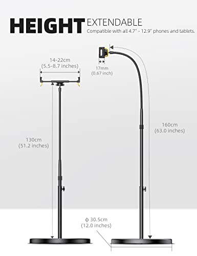 Lamicall Tablet Floor Stand - Gooseneck Swivel Holder Mount with Adjustable Height & 10.6lb Stable Base, Compatible iPad Mini Air Pro 12.9/9.7, Galaxy Tab, Kindle, Cell Phones (4.7''-13'')