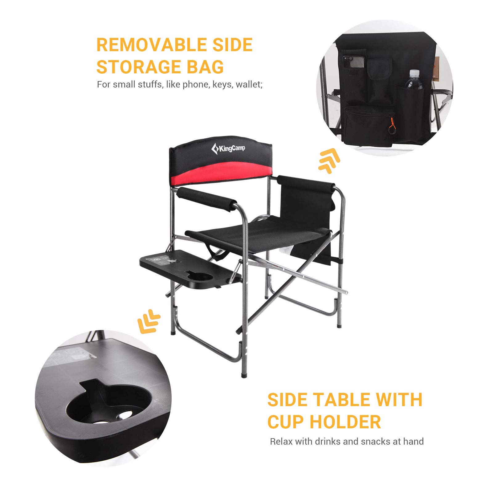 KingCamp Heavy Duty Camping Director Chair for Adults Folding Oversized Outdoor Lawn Foldable with Side Table and Pockets Padded Seat, Supports 400lbs, One Size, Black/Red-2 Pack