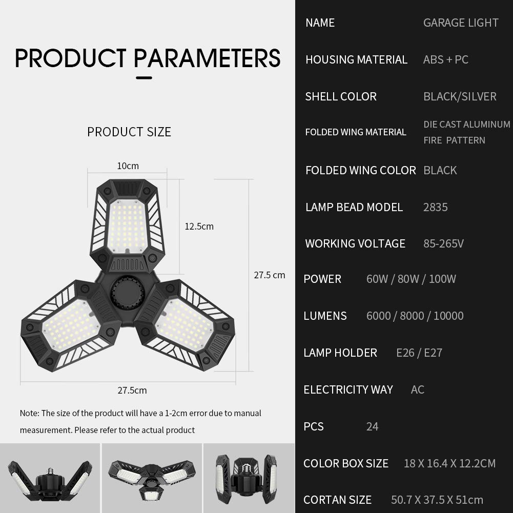 LED Garage Light,60W E26/E27 6000LM Deformable Bay Lighting,Led Shop Light with 3 Adjustable Aluminum Panels,6000K Daylight Garage Light for Workshop Basement Storage and Barn