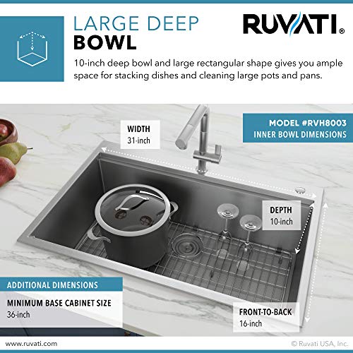 Ruvati 33 x 22 inch Workstation Drop-in Topmount Kitchen Sink 16 Gauge Stainless Steel Single Bowl - RVH8003