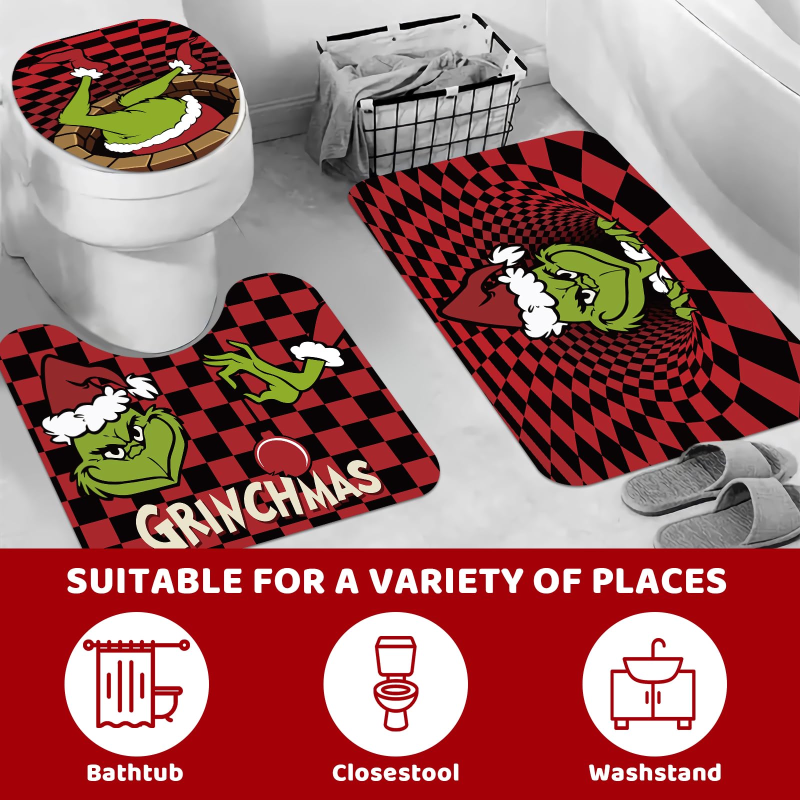 Jyumini 4Pcs Christmas Shower Curtain Sets with Non-Slip Rugs, Toilet Lid Cover and Non-Slip U Shape Bath Mat, Bathroom Sets with 12 Hooks Xmas Holiday Home Decor