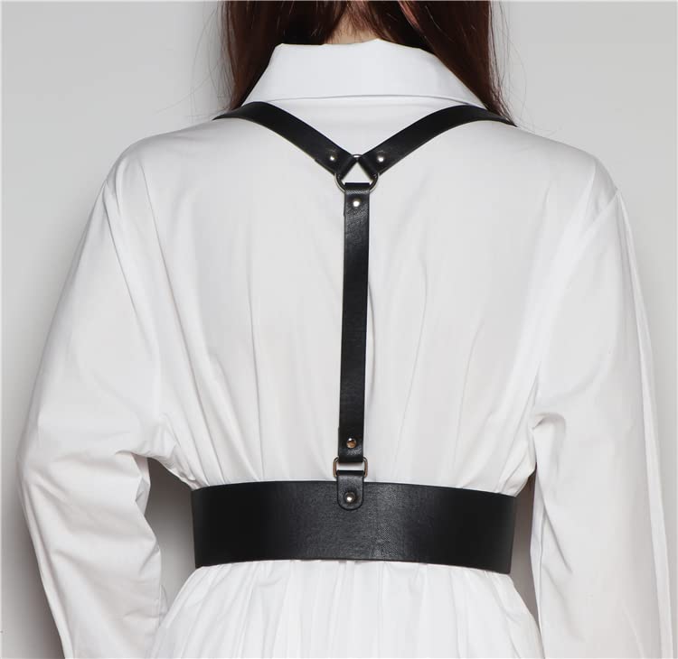 Punk Belly waist body chain black leather goth belt for women with strap on plus size BL1 (black, 34"-43")