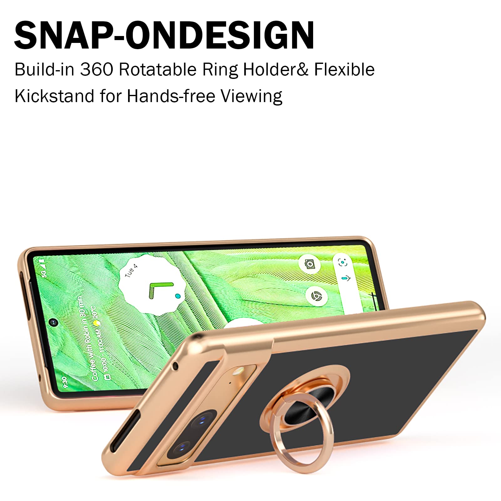 Jasmeas Case Compatible with Google Pixel 7 with 2 Screen Protector, with Ring Holder Plating Rose Gold Edge 360°Kickstand Cover Slim Soft Flexible TPU Protective Phone Cases for Women - Black