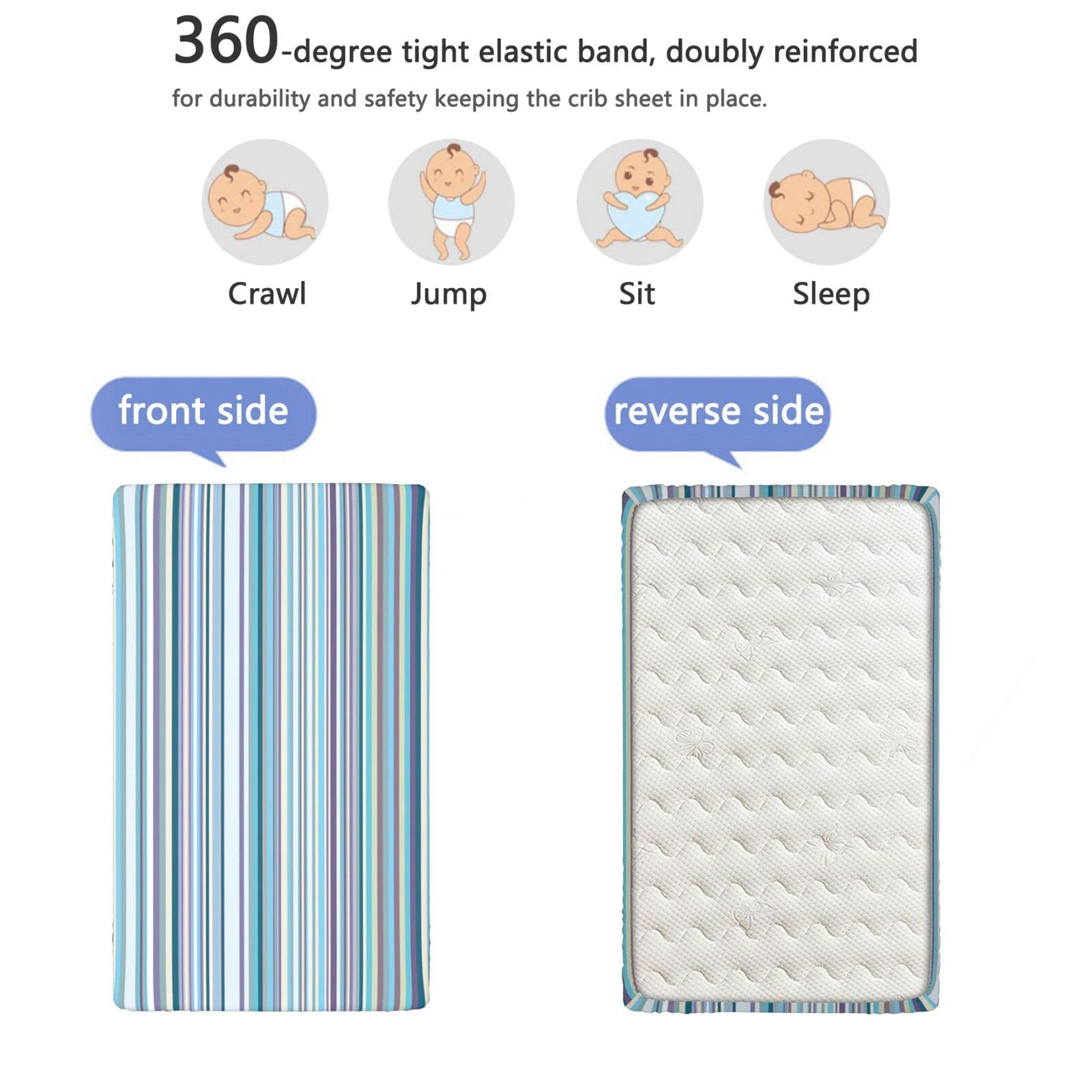 Striped Themed Fitted Mini Crib Sheets,Portable Mini Crib Sheets Soft Toddler Mattress Sheet Fitted-Crib Mattress Sheet or Toddler Bed Sheet,24β x38β,Blue Lavender Cream