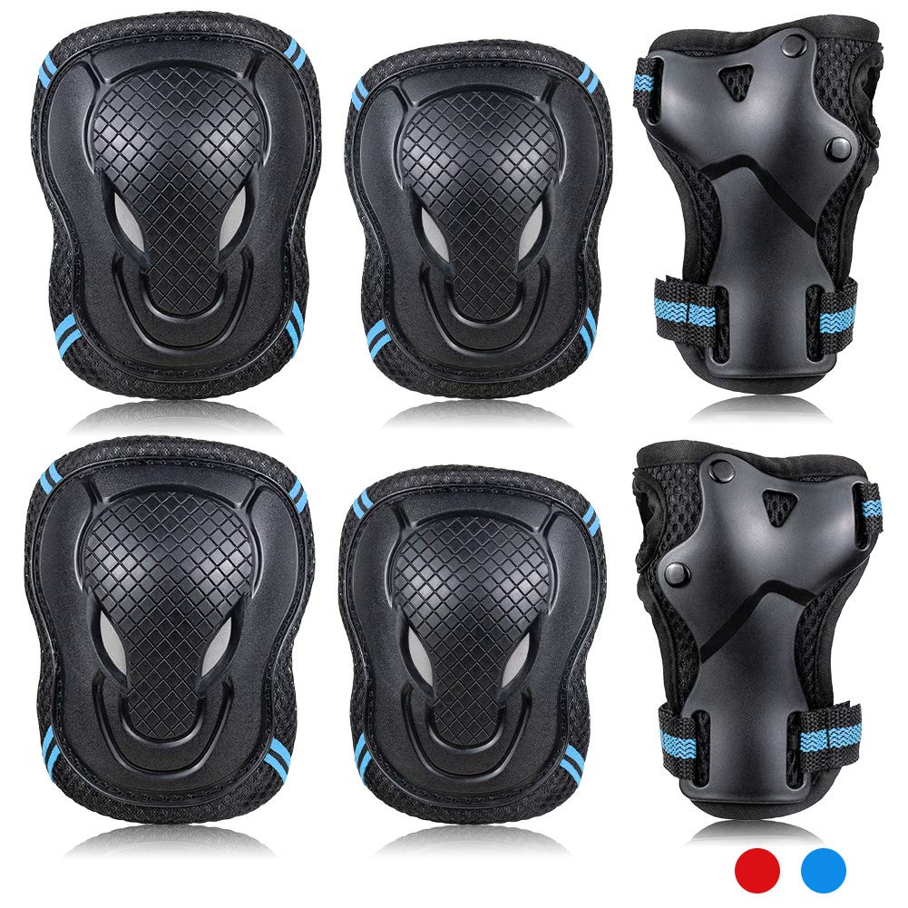 Labeol 6 Pack Kids & Adults Skateboard Ice Roller Skating Protective Gear Elbow Pads Wrist Guard Cycling Riding Knee Protector Set (Black and Blue, Medium)