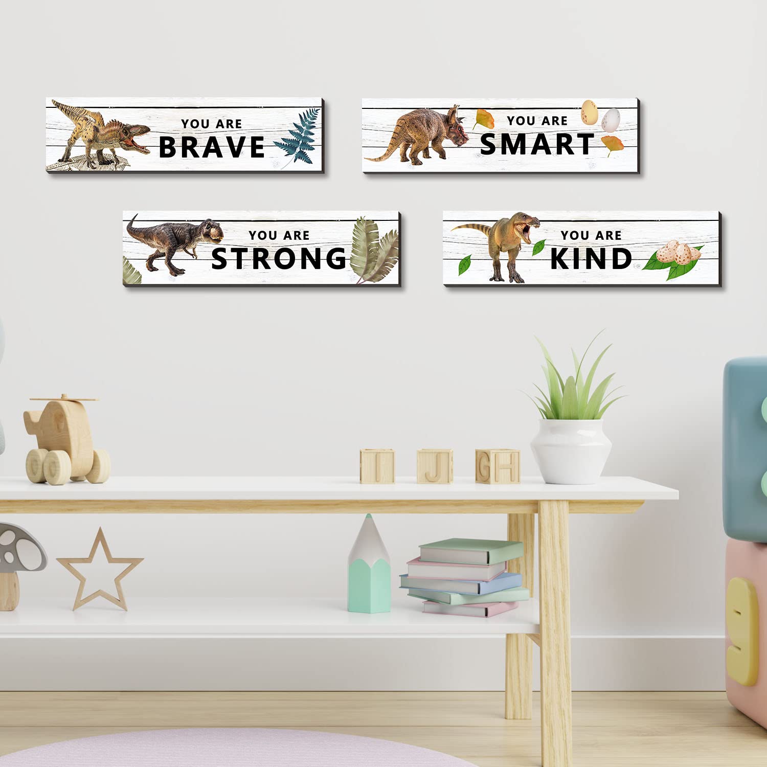 UBLURO 4 Pieces Dinosaur Motivational Wall Art Decors - Dinosaur Wooden Hanging Wall Prints Plaques, Dinosaur Room Decor for for Kids Boys Nursery Bedroom Decorations