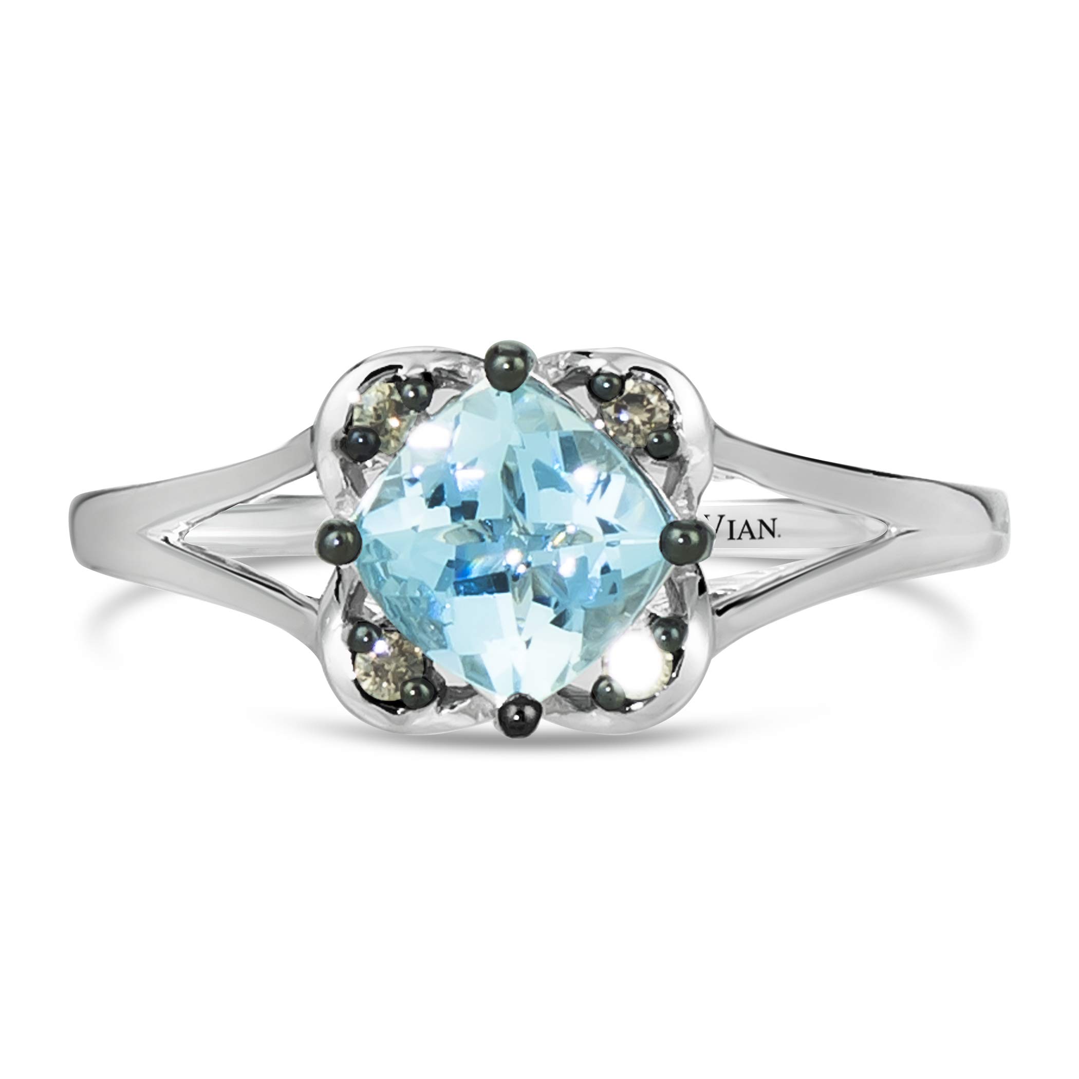LE VIAN 14K White Gold, Cushion-Cut Aquamarine & Chocolate Diamond Accented Split-shank Ring (Fancy Brown Color, SI1-SI2 Clarity) - Size 6-1/4