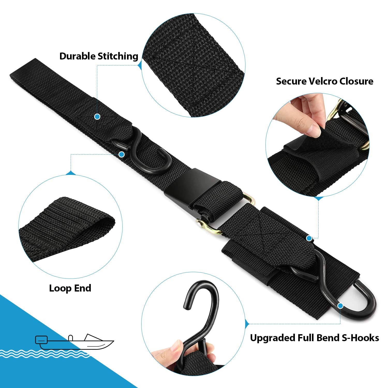 Kohree Boat Trailer Straps Transom Tie Down Straps 1600LBs 2" x4' Adjustable Anti-Scratch Black, for PWC Trailer Pontoon Marine Jet Ski, with Quick Release Buckle & Hooks, Set of 2